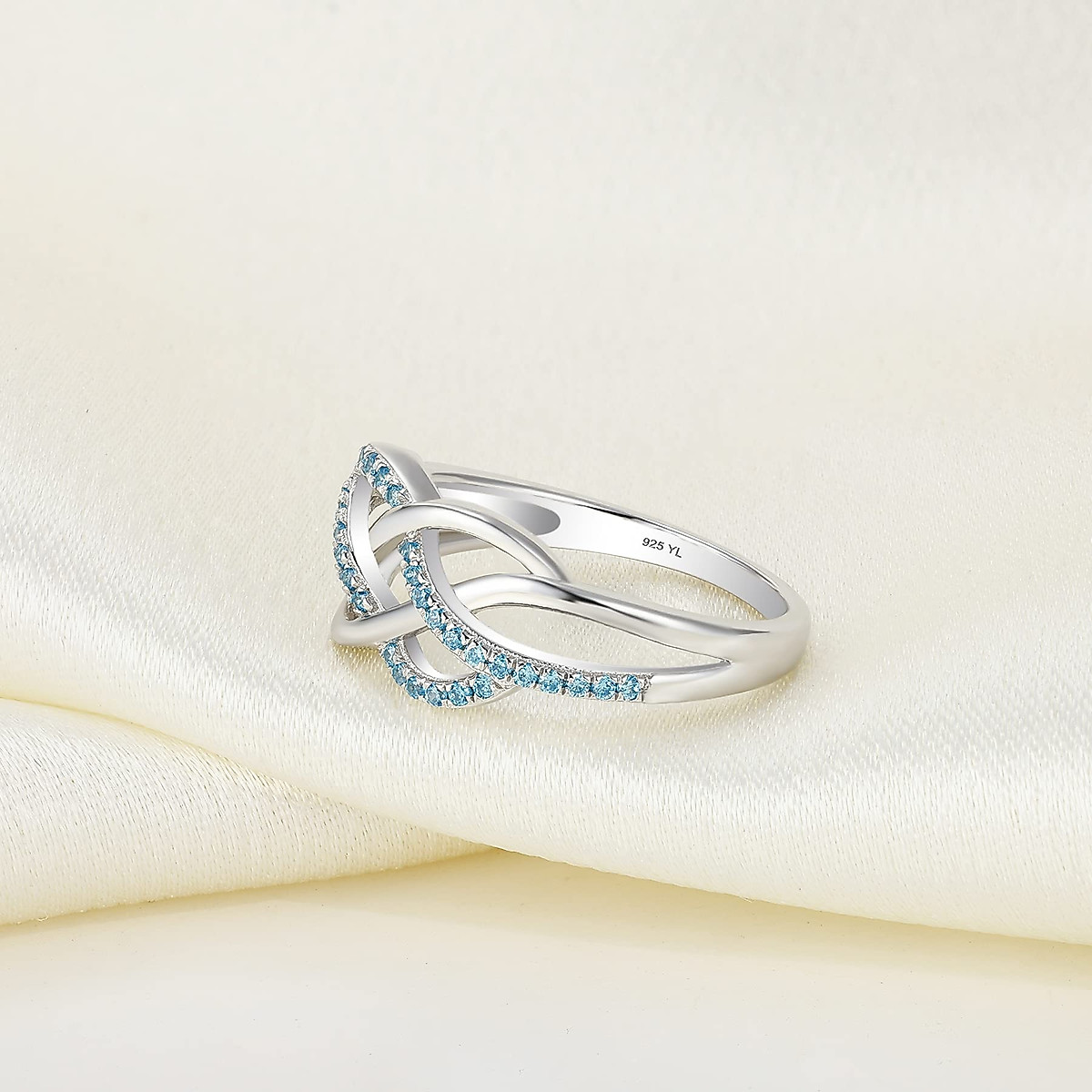 YL Celtic Knot Rings 925 Sterling Silver Twisted Knot Ring 18k White Gold Plated Created Aquamarine Infinity Statement Rings-size7