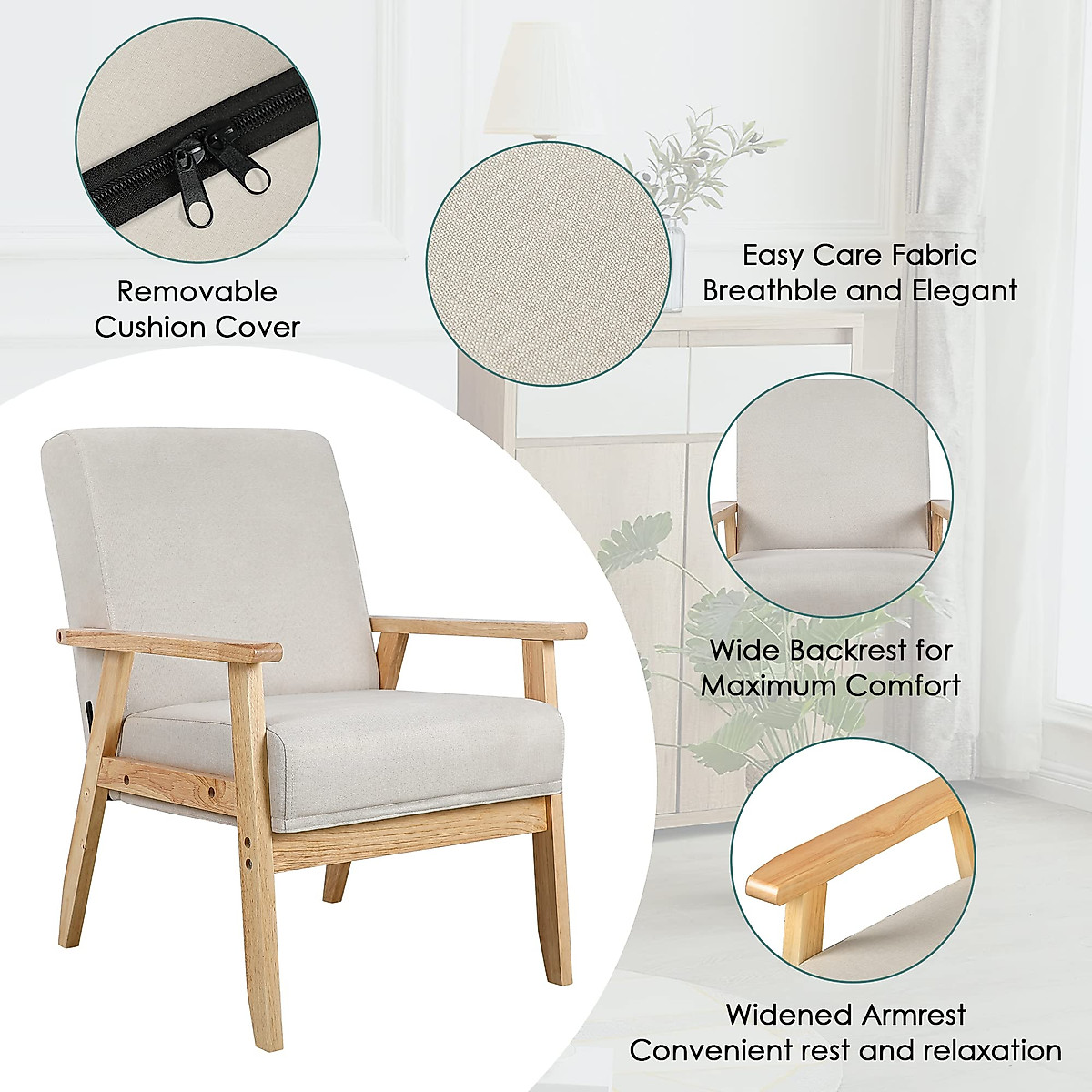 Homajor Accent Chairs, Mid Century Modern Armchairs for Living Room/Bedroom, Beige