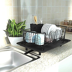 Klvied Dish Rack with Swivel Spout, Dish Drying Rack with Drainboard, Dish Drainers for Kitchen Counter, Dish Strainer with Removable Utensil Holder, Stainless Steel Dish Drainer in Sink, Black