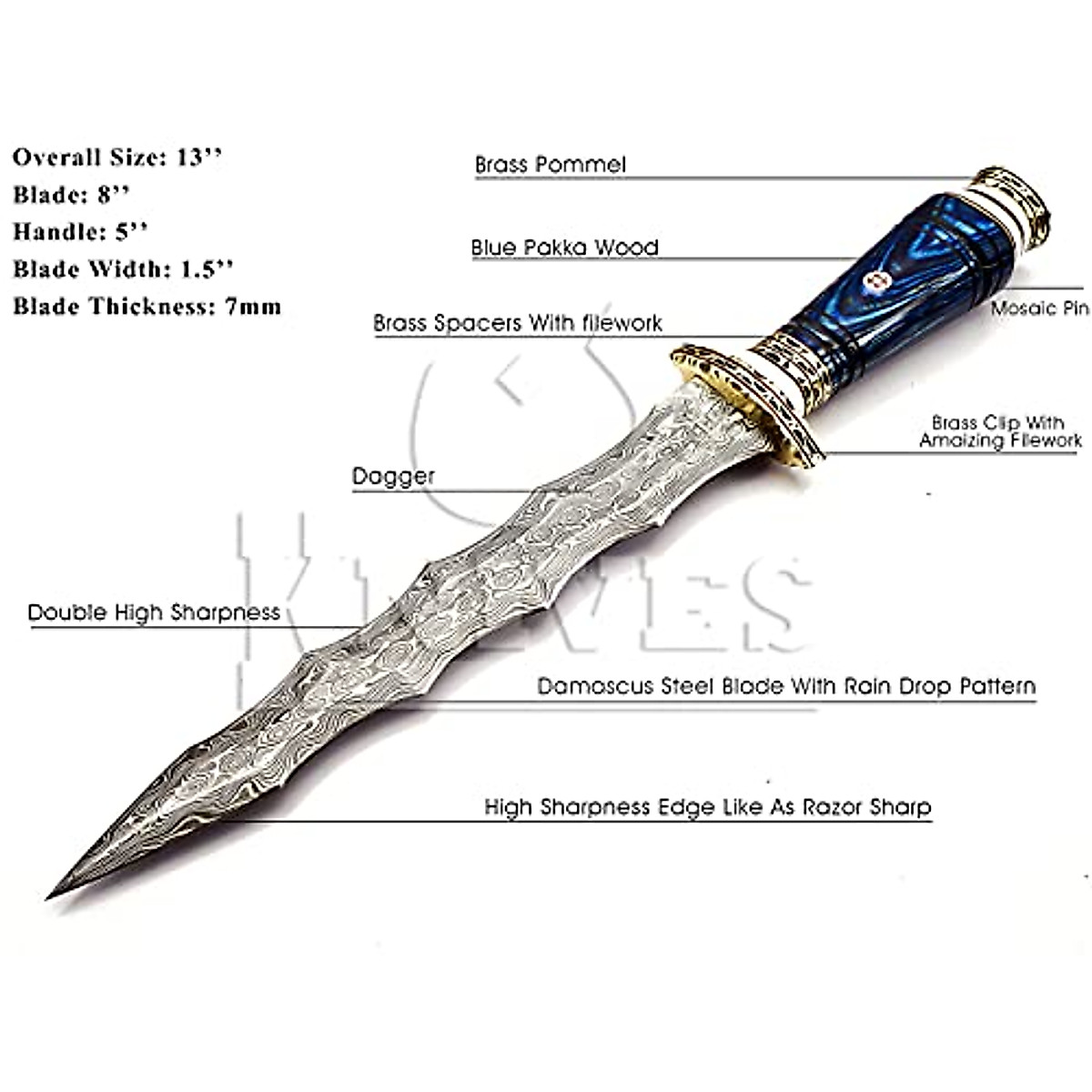 NoonKnives: custom Hand Made Damascus Steel Collectible wavy dagger Knife (blue)