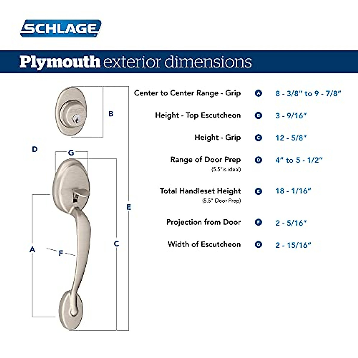 Schlage F60 V PLY 619 FLA Plymouth Front Entry Handleset with Flair Lever, Deadbolt Keyed 1 Side, Satin Nickel