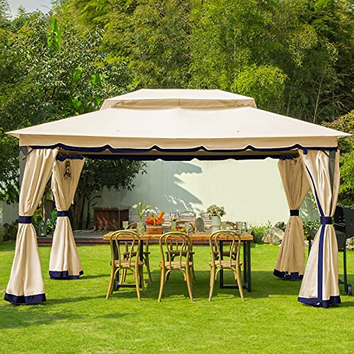 MEWAY Patio Gazebo 10x13 Gazebo with Mosquito Netting Aluminum Outdoor Gazebo Canopy with Curtains for Backyard Lawn Garden Deck, Beige Navy