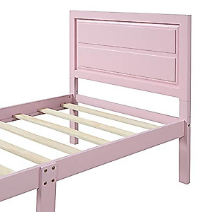 MWrouqfur Twin Size Wood Platform Bed Frame for Kids,Bed Frame Mattress Foundation with Headboard and Wood Slat Support for Girls Boys (Pink)