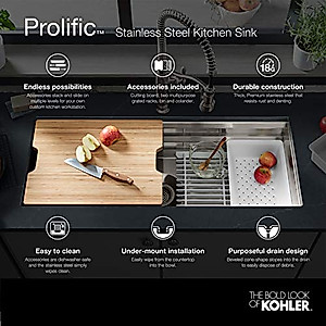 KOHLER 5540-NA Prolific 33 Inch Workstation Stainless Steel Single Bowl Kitchen Sink with Included Accessories, Undermount Installation, Stainless Steel