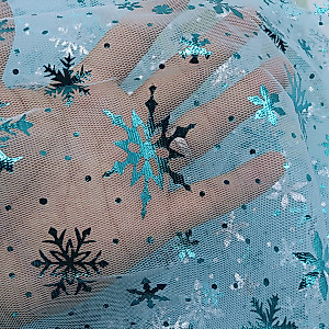 Queenbox 100x150cm Sparkle Snowflake Tulle Sequins Mesh Fabric Glitter Snow Flower Net Gauze for Christmas Wedding Party, Sky Blue + Blue Star