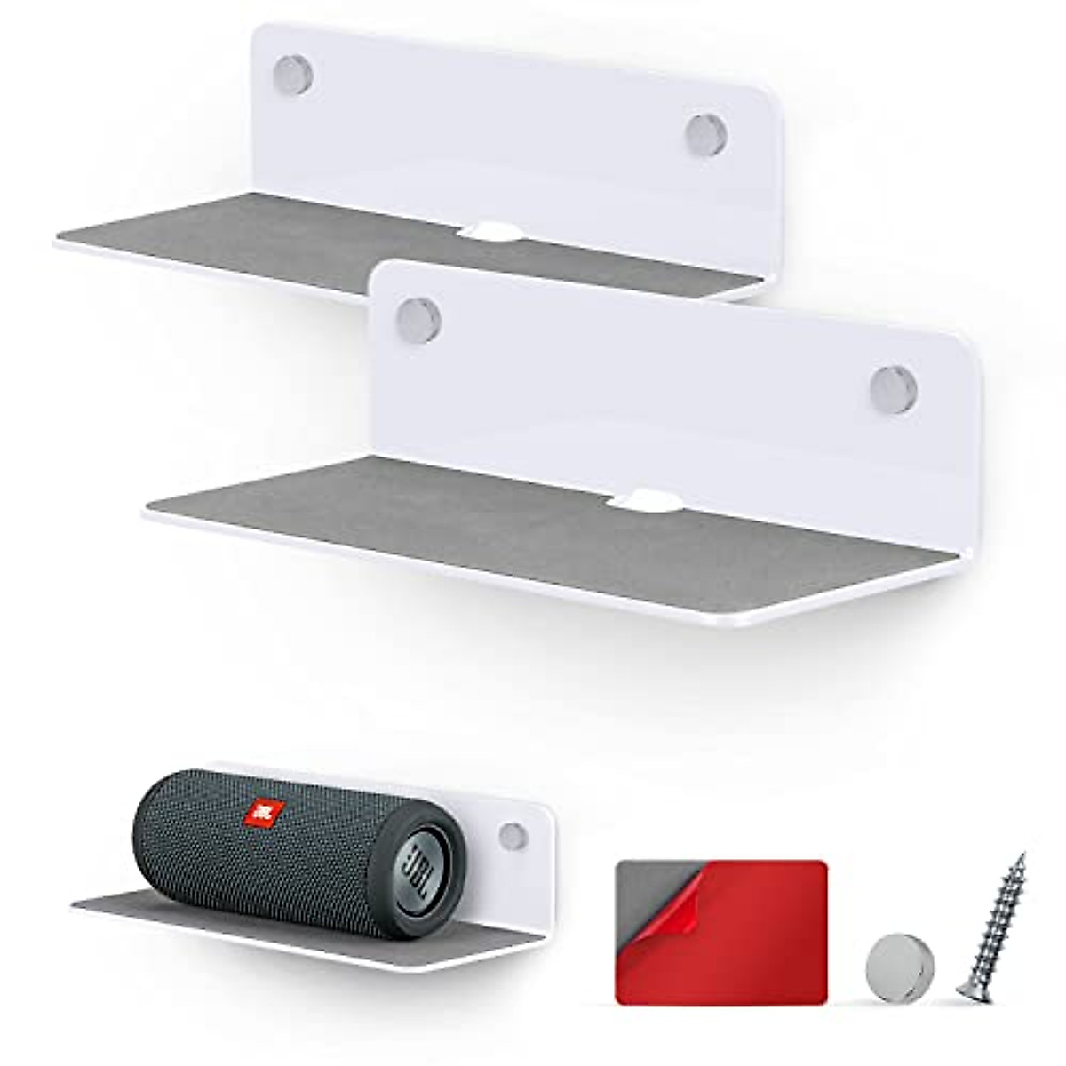 BRAINWAVZ 2-Pack 9” Floating Shelf Bluetooth Speaker Stand, Adhesive & Screw Wall Mount, Anti Slip, for Cameras, Baby Monitors, Webcam, Router, Wide Universal Holder Shelves (SHELF23 White)