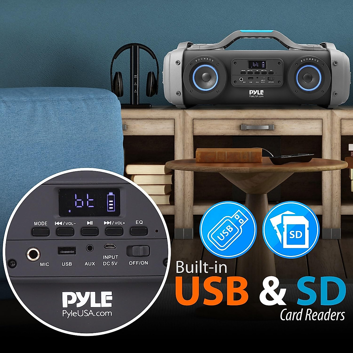Pyle Wireless Portable Bluetooth Boombox Speaker - 800W Rechargeable Boom Box Speaker Portable Barrel Loud Stereo System with AUX Input, USB, 1/4", Fm Radio, 4" Subwoofer, DJ Lights - PBMSPG148, Black