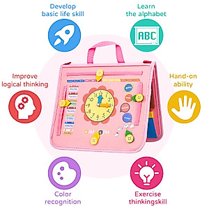 NiToy Busy Board, 19-in-1 Toddler Montessori Toys Ages 3-5, Fine Motor Skills Toys for Preschool Activity Sensory Learning Toys, Pink