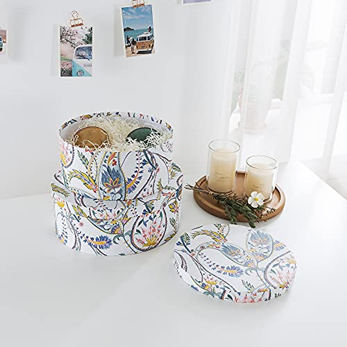 Soul & Lane Decorative Cardboard Storage Boxes with Lids, Paisley Charm - Set of 2: Floral Keepsake Boxes for Women, Oval Nesting Gift Boxes, Paperboard Pretty Storage Boxes for Shelves