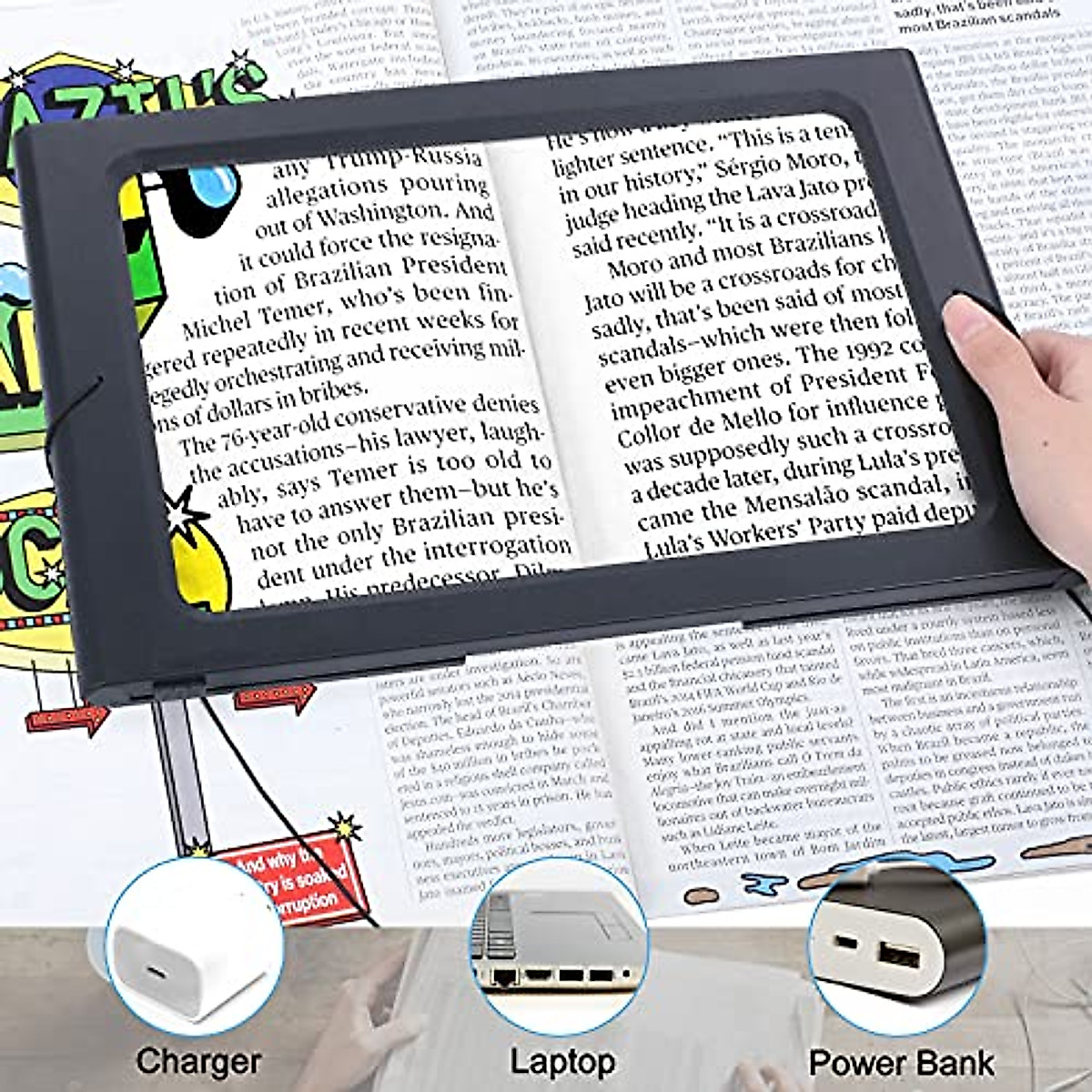 3X Magnifying Glass, Lighted Magnifying Glass with 12 LED Lights, 2 Power Supply Modes for Evenly Lit Reading Area, Foldable Magnifier for Hands Free Reading, Low Vision and Seniors