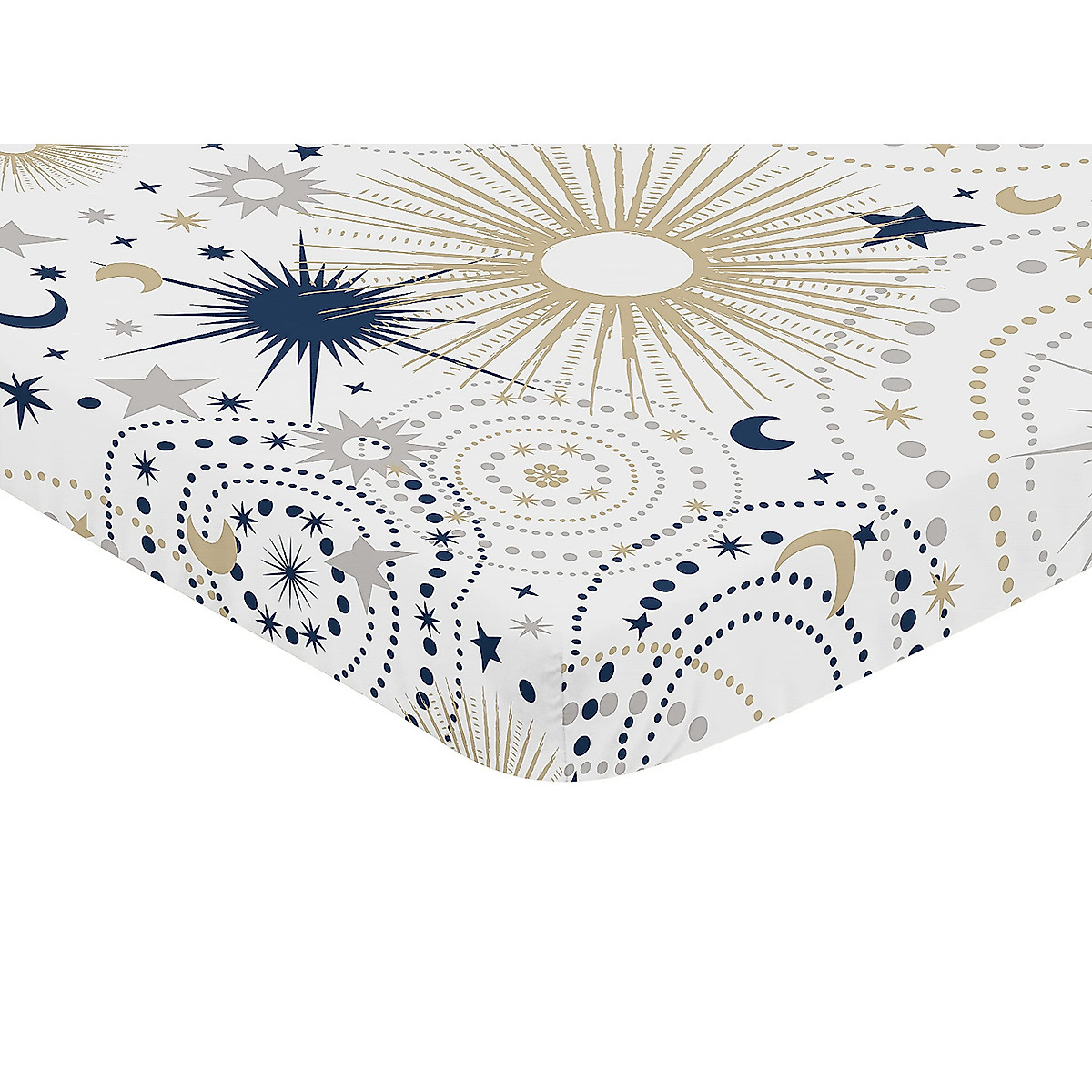 Sweet Jojo Designs Star and Moon Boy or Girl Fitted Mini Crib Sheet Baby Nursery for Portable Crib or Pack and Play - Navy Blue, Gold, and Grey Celestial Sky Stars Gender Neutral Unisex