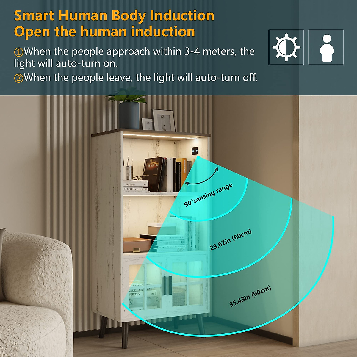 LVSOMT 3 Shelf Bookcase with LED Lights,Book Case with 2 Open Shelves, Storage Cabinet with Door, Human Body Induction Mode, Modern Wood Bookshelf for Bedroom/Living Room/Office, White
