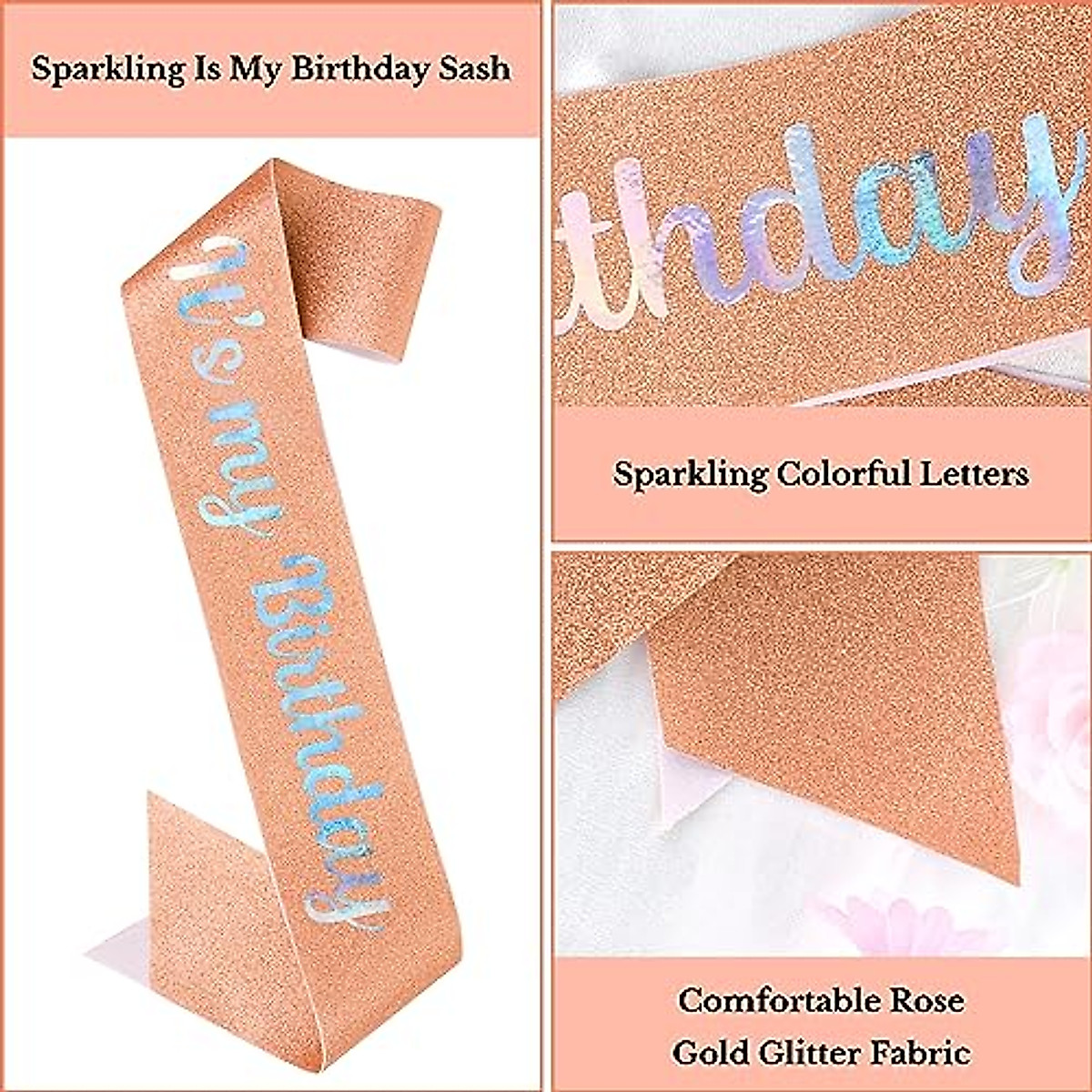 BAHABY Birthday Crown for Women It's My Birthday Sash & Rhinestone Tiara Set Birthday Sash and Tiara for Women Rhinestone Headband for Girl Glitter Crystal Hair Accessories for Party - Rose Gold