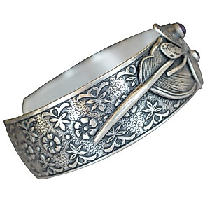 Elaine Coyne Collectible Artwear Mirror Antique Silver Dragonflies on Feather Cuff - Amethyst, Black Onyx