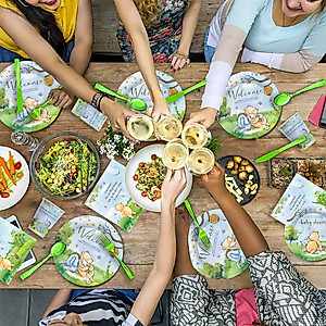 Piooluialy Winnie Baby Shower Pooh Decorations - Classic Winnie Baby Pooh Party Supplies Include Dinner Plates, Cups, Napkins, Cutlery, Winnie Welcome Baby Birthday Party Supplies | 24 Guests