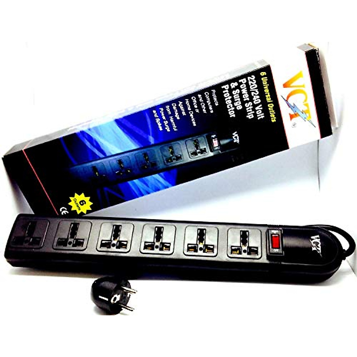 VCT WPSB 220/240 Volt 6-Universal Outlet Power Strip and Surge Protector 13 Amp Circuit Breaker 50/60 Hz 450 Jules with Grounded Euro Plug