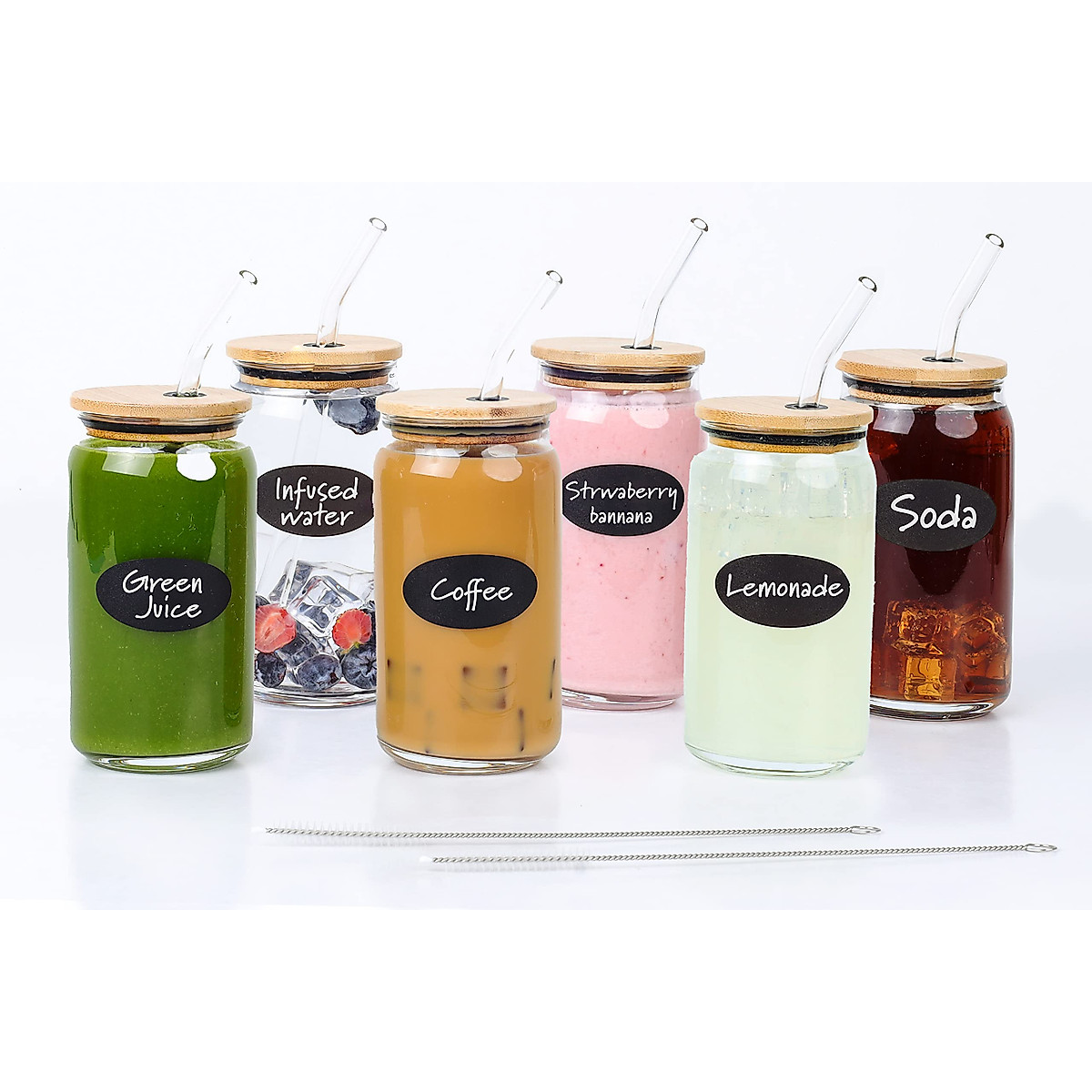 OMINA - 6-Pack Glass Cups of 16oz, Set with Lids & Straws, Beer Can Tumbler with Reusable Accessories and a Recipe e-Book