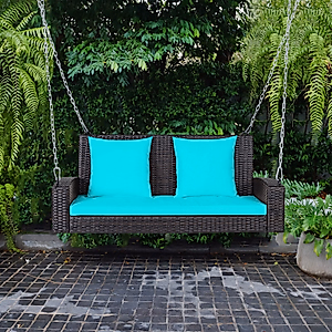 UJOYPAYD Hanging Porch Swing Bench,Heavy Duty 800 LBS 2-Person Rattan Swing Chair with Soft Cushions,Metal Frame Wicker Swing Bench,7.9ft Reinforced Steel Chain for Deck, Backyard, Garden (Turquoise)