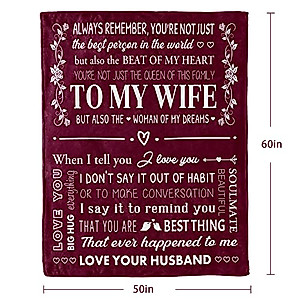 to My Wife Blanket Wife Christmas Birthday Gift Ideas Wedding Anniversary Romantic Gifts for Her Women Birthday for Wife from Husband Wife Gifts Wife Blanket 60" x 50" (Red)