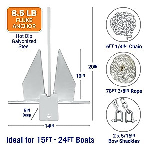 8.5lb Heavy Boat Anchor Kit Fluke Anchor with Anchor Chain and Boat Anchor Rope Set for 15-25' Foot Including Boat Anchors for 18' and 21' Boats Pontoon, Deck, Fishing, and Sail 75FT Rope