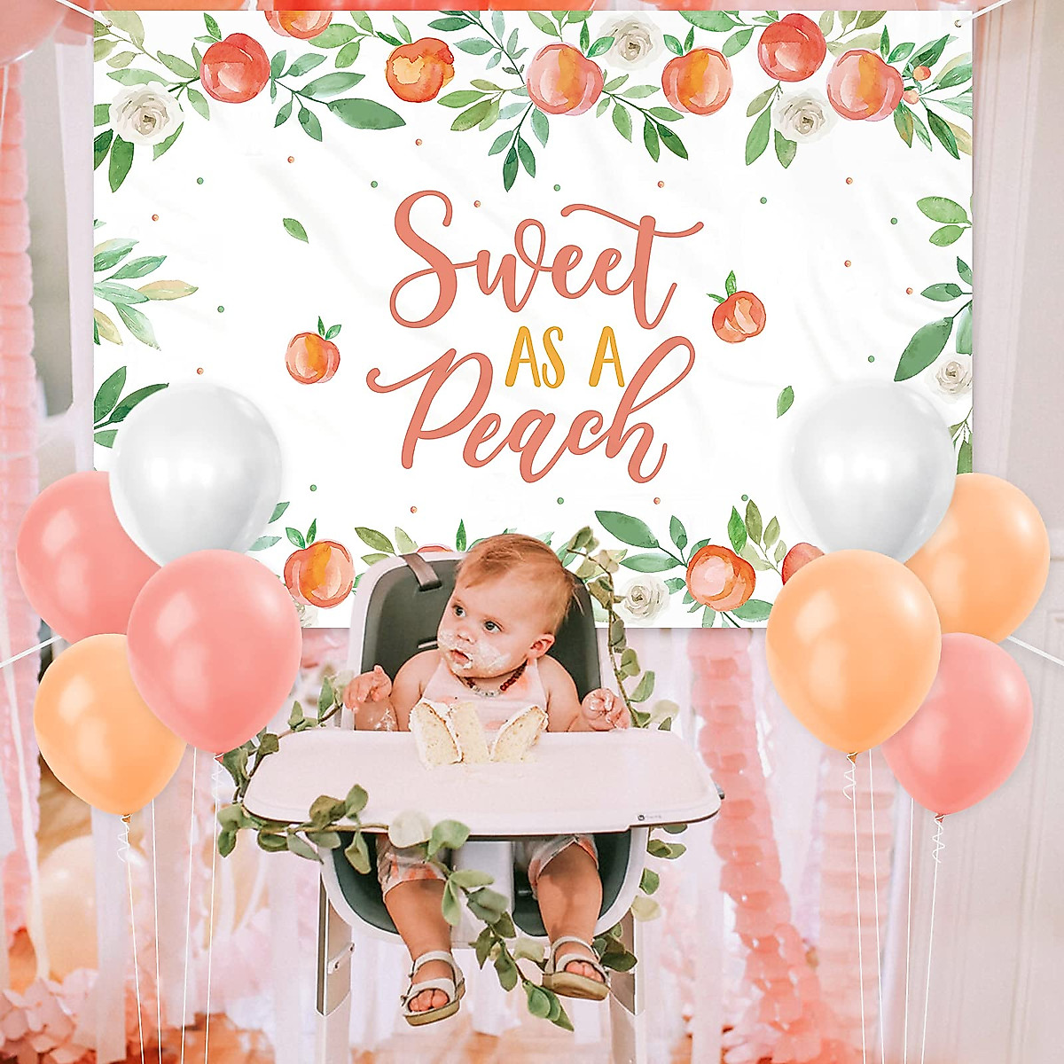 Vansolinne Sweet As A Peach Backdrop And Balloons Garland for Baby Shower one sweet peach Birthday Party Decorations Photography Background Little Peach Birthday Parties Cake Smash Photo Shoot