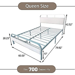 alazyhome Modern Queen Size Bed Frame, Metal Platform Bed with Velvet Upholstered Headboard, Steel Slats Support, Noise Free, Under-Bed Storage, Easy Assembly, White