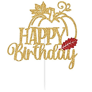 Gold Glitter Pumpkin Happy Birthday Cake Topper, Pumpkin Themed Birthday Party Decorations, Autumn Fall Maple Leaves Birthday Party Decorations Supplies