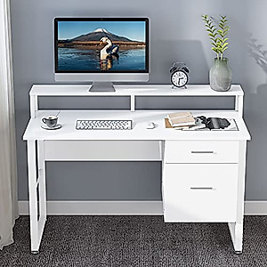 Tribesigns 47 Inches Computer Desk with 2 Drawers, Modern Writing Desk with Hutch, White Simple Study Desk, Space Saving Gaming Table, Large Workstation for Home Office