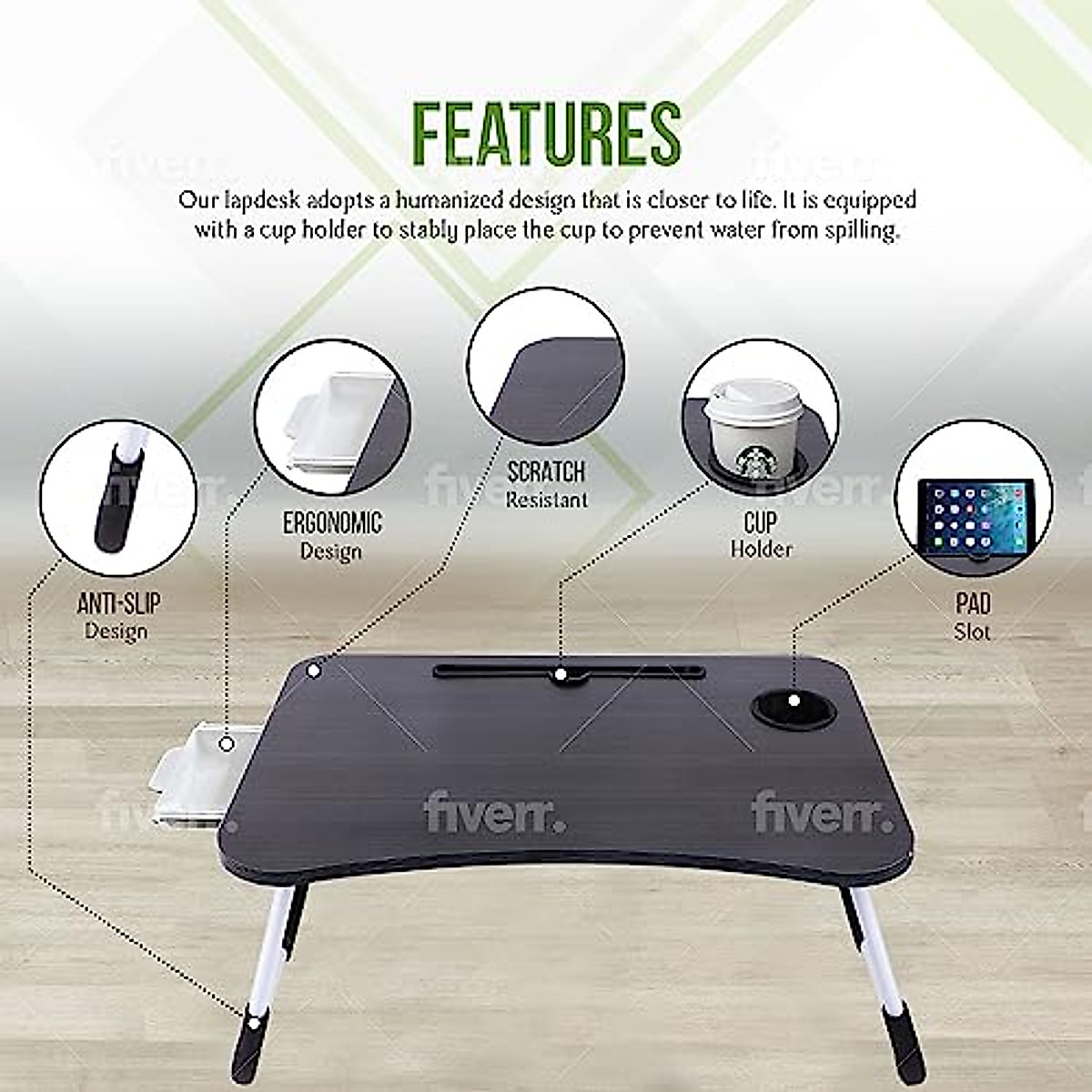 Lap Desk Laptop Stand for Bed, Non Slip Foldable Bed Desk for Laptop, Portable Laptop Desk for Lap Floor Bed Sofa with Cup Holder, Phone and Tablet Slot, Storage Drawer, Fits Up to 17.3 Inch Laptops