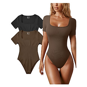 OQQ Women's 2 Piece Bodysuits Sexy Ribbed One Piece Square Neck Short Sleeve Bodysuits Black Coffee
