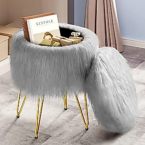 GREENSTELL Vanity Stool Chair with Storage, 15.75" W x 19.29" H Round Faux Fur Ottoman with 4 Metal Legs, Furry Padded Seat, Modern Multifunctional Makeup Stool for Bedroom Living Room Grey
