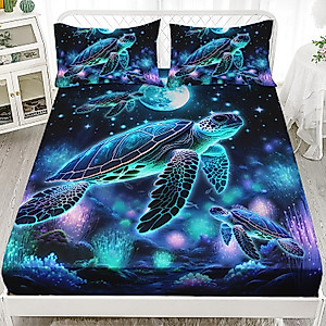 AILONEN Sea Turtle Fitted Sheet Set Twin XL Size, Ocean Bed Sheet Set Coral Jellyfish 3 Pieces Printed Sheet Set for Boys Girls,Evening Starry Moon Turtle Fitted Sheet with 2 Pillowcases