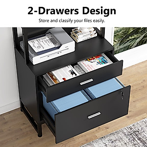 Tribesigns 2 Drawer Vertical File Cabinet with Lock & Bookshelf, Letter Size Large Modern Filing Cabinet Printer Stand with Open Storage Shelves for Home Office, Black