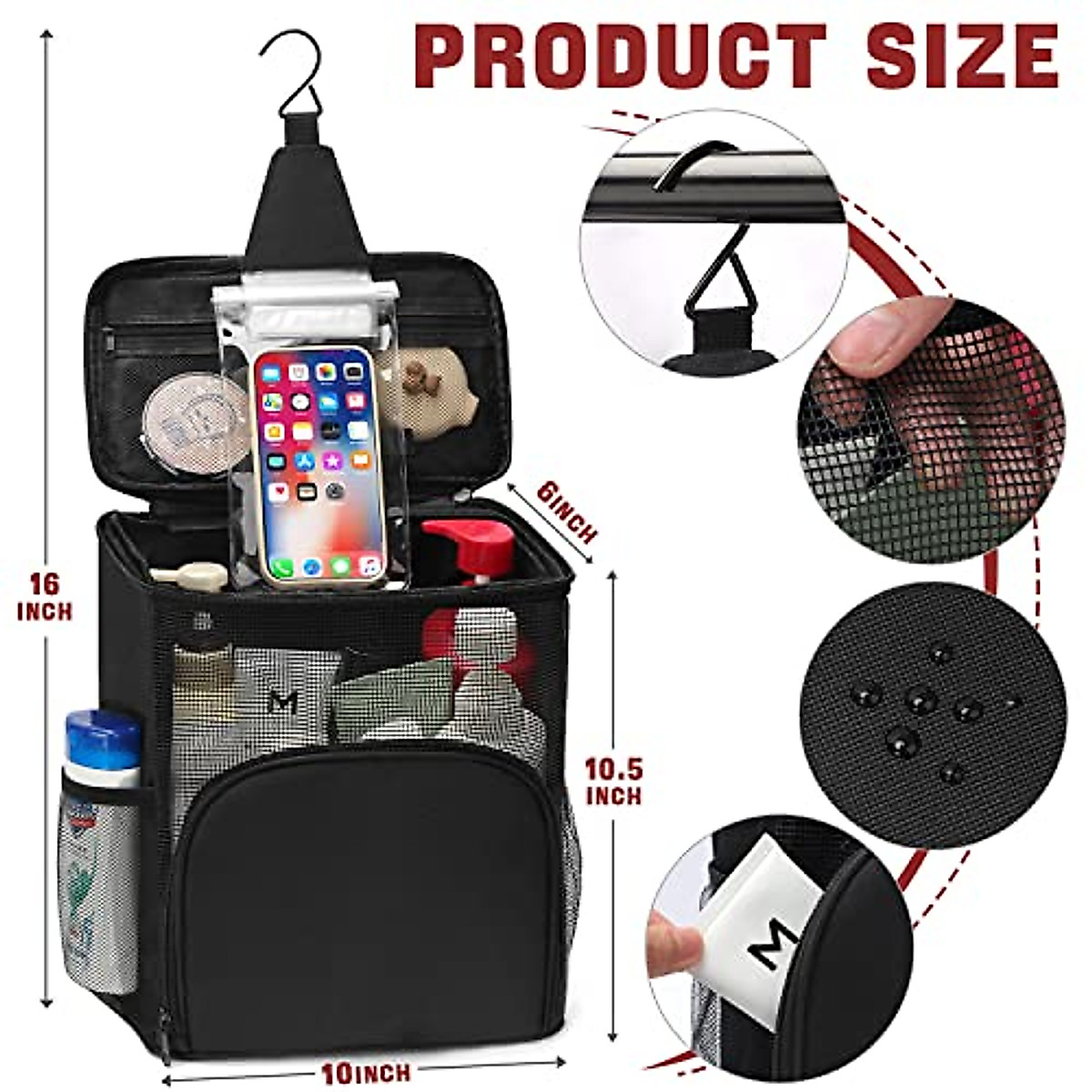 EIMMBD Hanging Shower Bag, Shower Caddy Portable Larger Capacity with Phone Storage, Upgraded Shower Caddy Hanging for College, Dorm,Travel, Gym, Camp, Mesh Shower Caddy for Women, Men(Black)