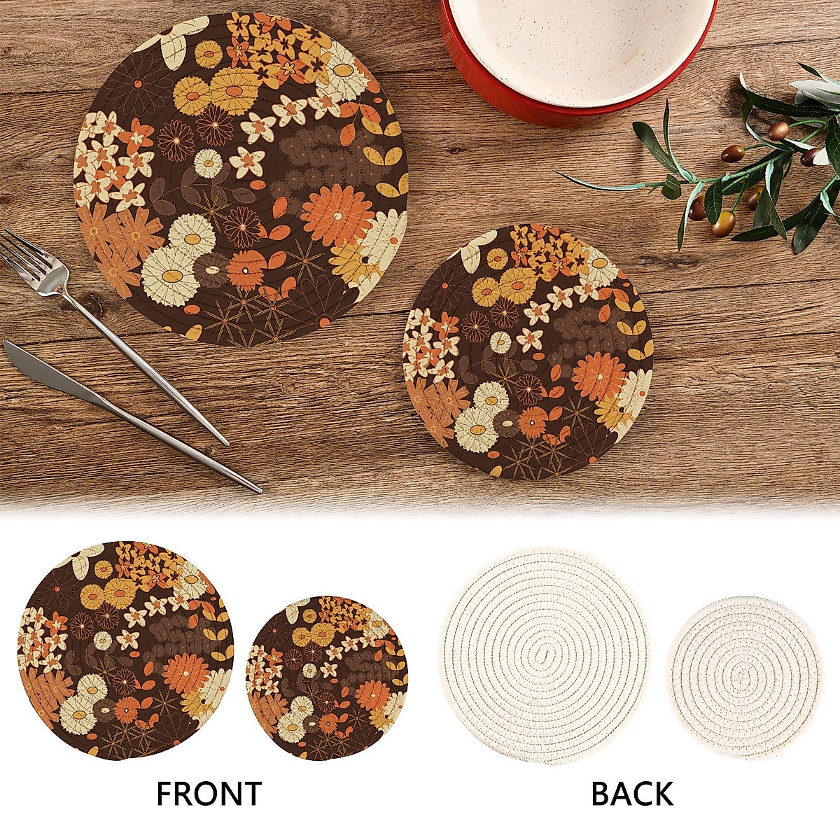 FOLIOSA Boho Flowers Cotton Pot Holder Trivets Set of 2, Handmade Hot Pads for Kitchen, Heat Resistant Durable Potholder for Dining Table, Round Cotton Rope Mats for Home Decor