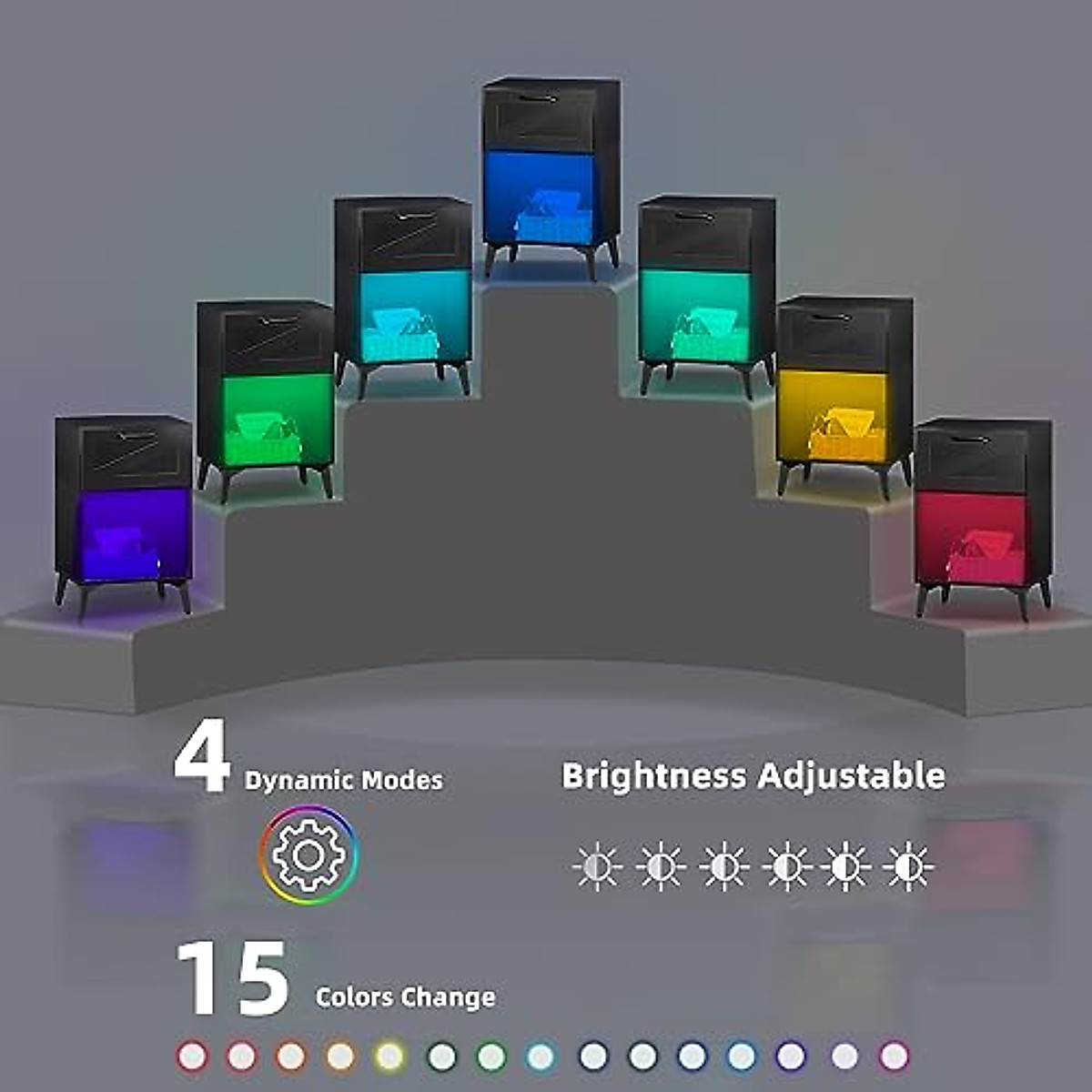 Lerliuo Nightstand with Charging Station and Led Lights, Night Stand with USB Ports and Outlets, Modern Bedside Table with Drawer and Storage Shelf, Black Smart Side Tables for Bedroom