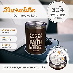 Christian Art Gifts Stainless Steel Double Wall Vacuum Insulated Tumbler 18 oz Brown Travel Mug with Retractable Lid for Women & Men Inspirational Bible Verse - Stand Firm -1 Corinthians 16:13