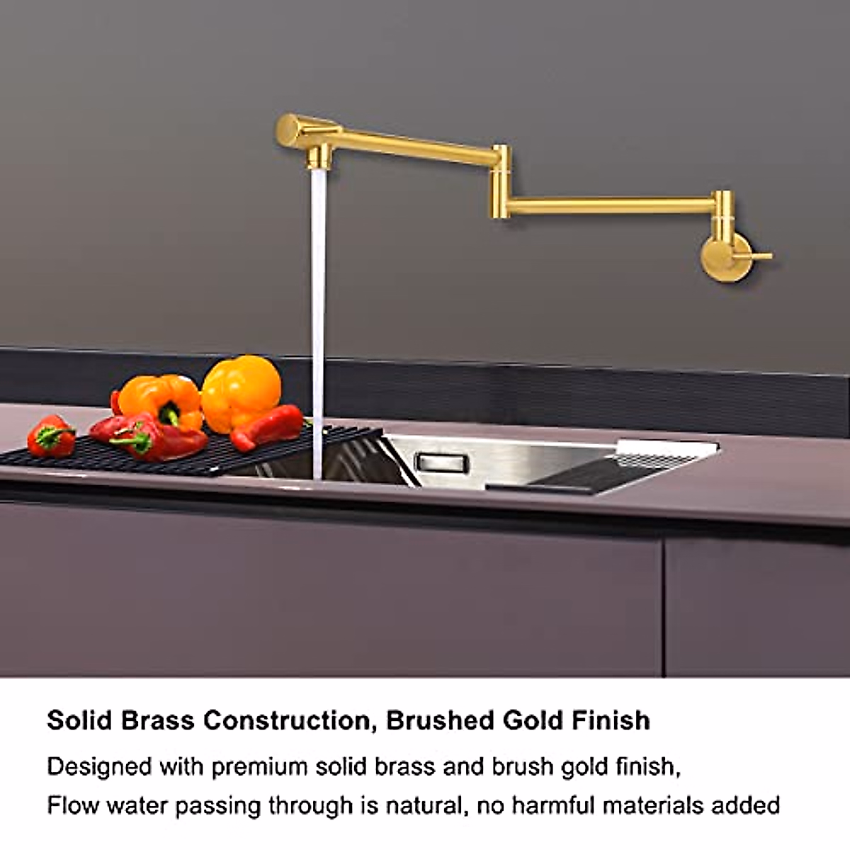 KWODE Gold Pot Filler Faucet 24 Inch Brass Commercial Wall Mount Kitchen Sink Faucet Folding Stretchable with Single Hole Two Handles