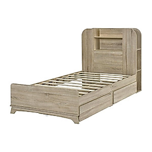 HoRunzelin Twin Size Platform Bed with Storage Bookcase Headboard,2 Drawers and LED Light,Wooden Bed Frame with Bookshelf Shelves for Kids Boys Girls, Natural