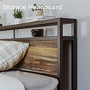 LIKIMIO King Bed Frame with Storage Drawer, 2-Tier Storage Headboard with Charging Station, No Box Spring Needed, Easy Assembly, Rustic Brown