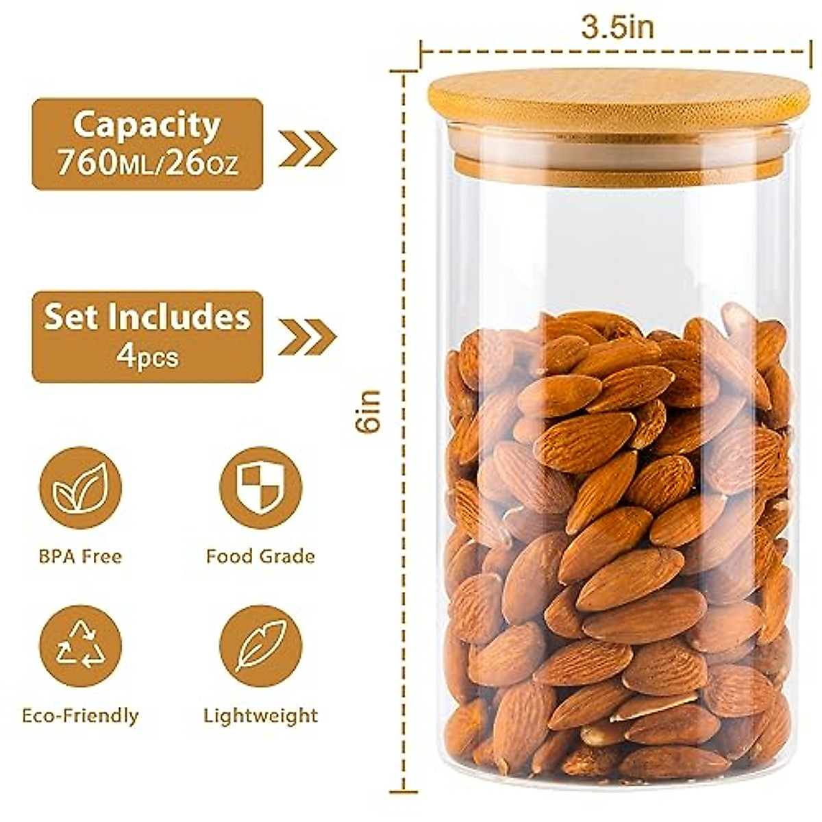 Tyniaide Glass Storage Jars with Airtight Lids 26oz, Set Of 4 Glass Airtight Food Storage Containers, Clear Glass Food Canister for Coffee, Candy, Cookie, Rice, Sugar, Flour, Pasta, Nuts - Bamboo Lids