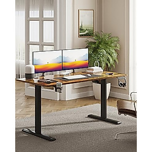 Shahoo Electric Standing Desk, 55 x 24 Inches Height Adjustable Corner Table, Computer Workstation with Cup Holder and Hook for Home Office, Rustic Brown