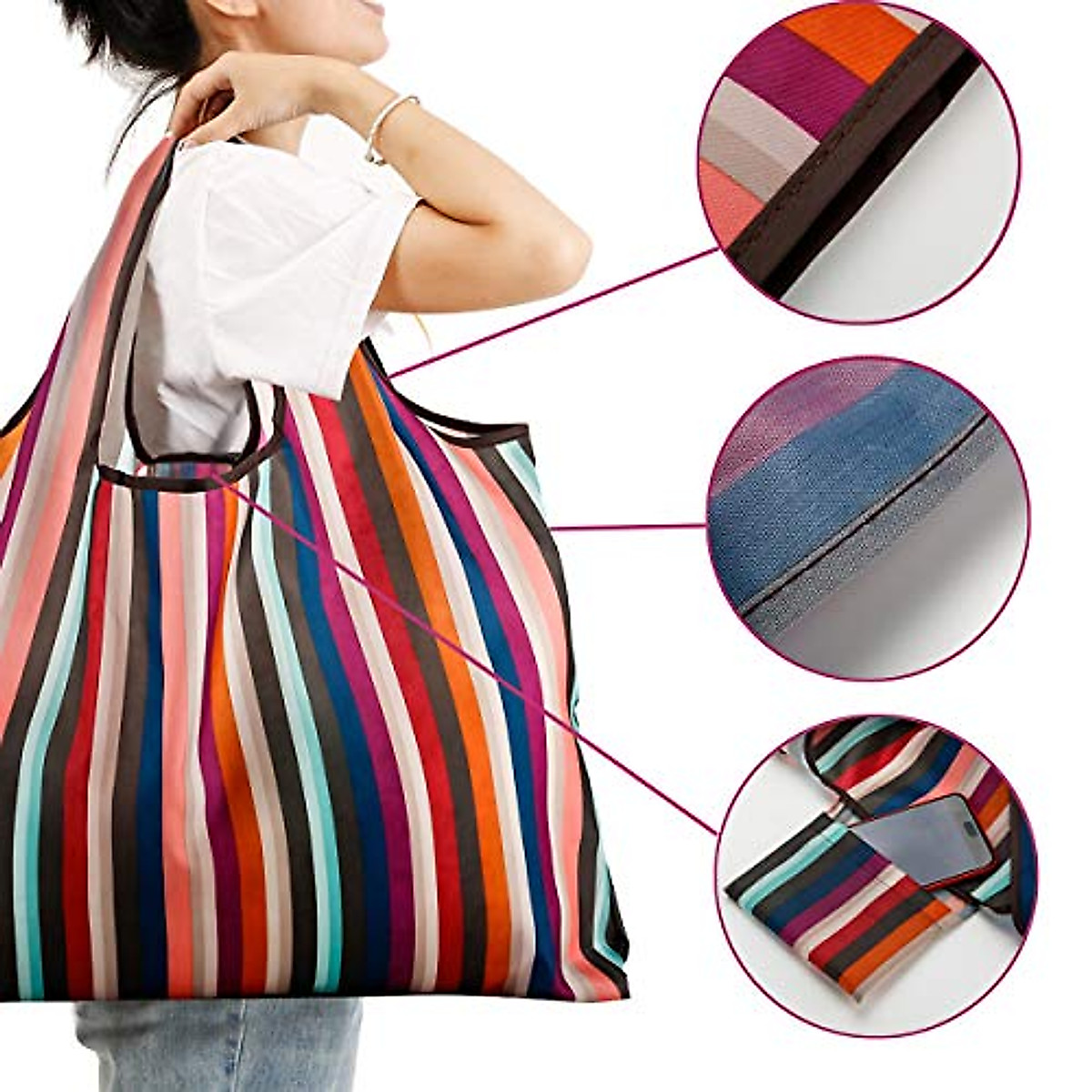 Reusable Grocery Bag Gophra 2 Packs Large Washable Foldable Eco Friendly Nylon Heavy Duty Fits in Pocket Shopping Tote Bag (New Rainbow)