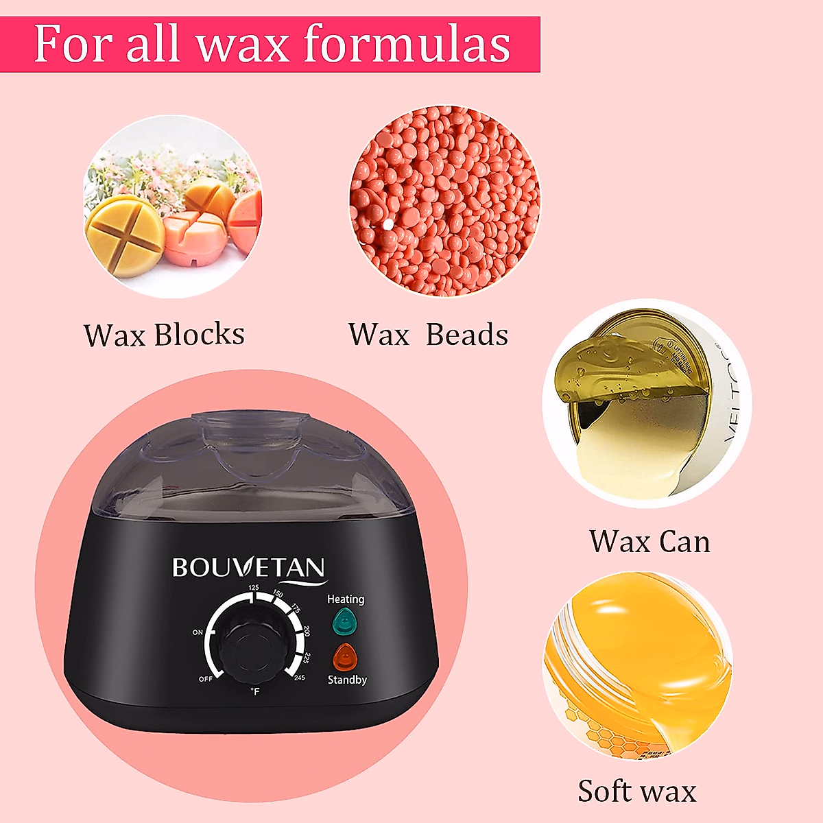 Bouvetan Wax Warmer for Hair Removal, Auto Shut-off Wax Melter for Hair Removal Wax Machine for Hard Wax Beads, Wax Can, Wax Block, Soft Wax, At Home Waxing Kit for Women Men