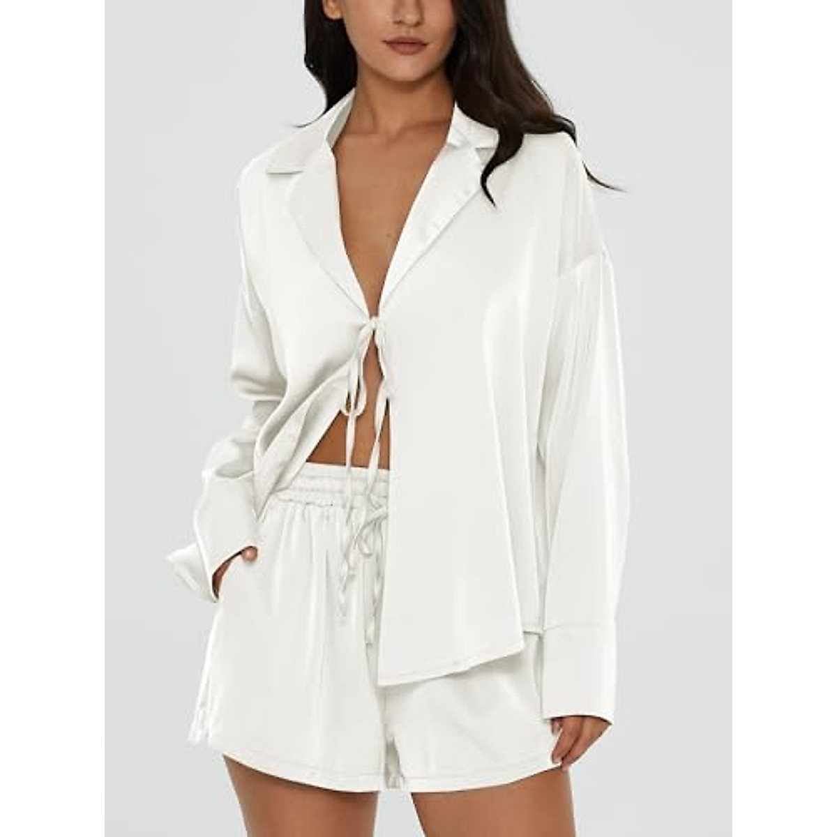 DEEP SELF Silk Pajama Sets for Women, Tie Front Long Sleeve Shirts and Shorts Satin Pj Set Soft Two Piece Sleepwear Lounge Sets (White, Large)