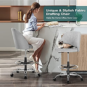 SMUG Standing, Fabric Desk Armless Drafting Counter Height Adjustable Office, Bar Shop Guitar Tall Vanity Stool Chair with Backrest Wheels, Grey