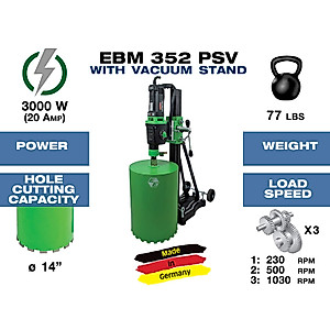 CS Unitec EBM 352/3 PSV -14 in. Capacity Concrete Core Drilling Rig with Vacuum/Anchor Stand- Wet Diamond Core Drill -3-Speed for Concrete, Brick, Asphalt, & Stone -Made in Germany (w/Vacuum Pump)
