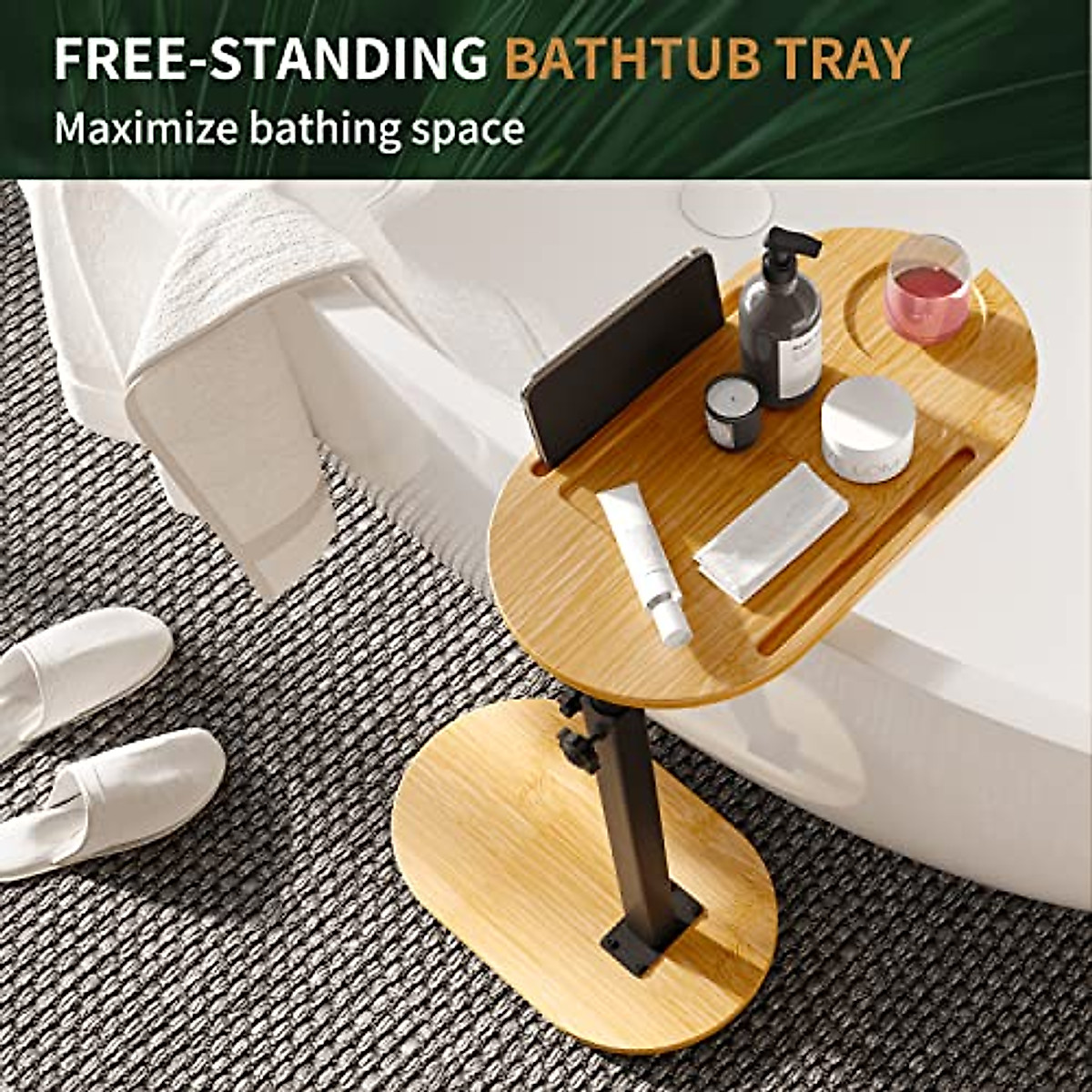 Ackitry Bamboo Bathtub Tray Table with 17-32 inch Adjustable Height, Liftable Freestanding Bath Caddy Tray for Tub Against Wall, Bathtub Side Table Shelf for Luxury Bath Home Spa Bathtub Accessories