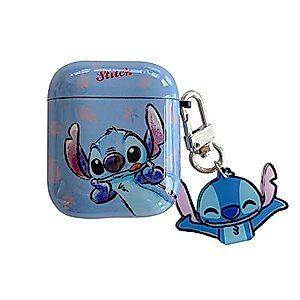 Soft TPU Blue Stitch Case with Charm and Keychain for Apple AirPods 1 2 1st 2nd Generation 2019 Model Funny Face Cute Lovely Adorable Kawaii Girls Kids Women
