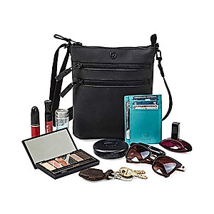 Cochoa Small Triple Zip Real Leather Women's Crossbody- Premium Vintage Crossover Shoulder Sling Bag (8" x 7" x 1.5", Black Crazy Horse)